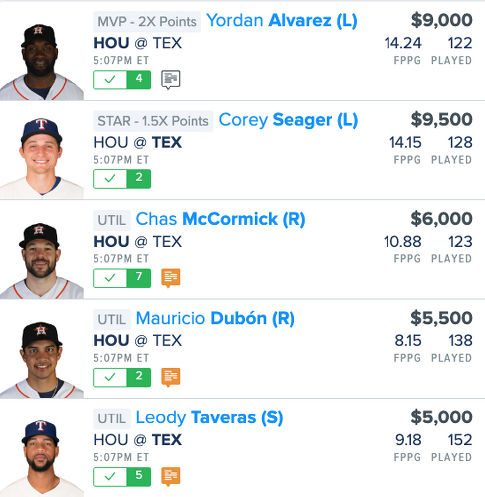 MLB DFS FanDuel Single Game Showdown "HOU at TEX", Daily Fantasy Baseball Picks for 10/20/23 ...